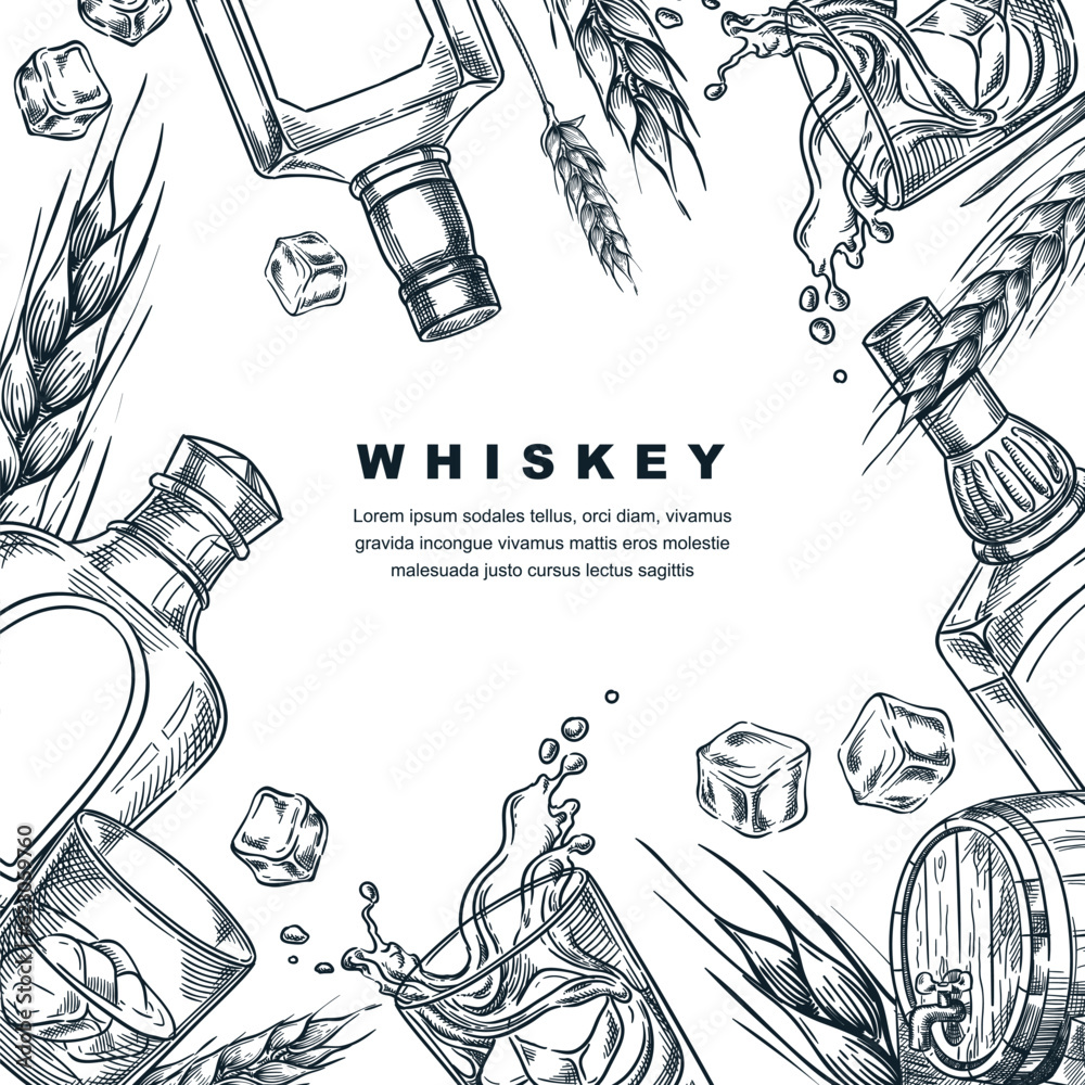 Whiskey tasting banner, poster party flyer. Vector sketch frame ...