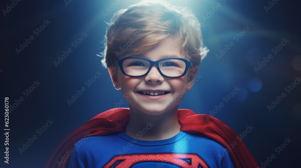 Portrait of a happy little boy in superhero costume on a blue ...
