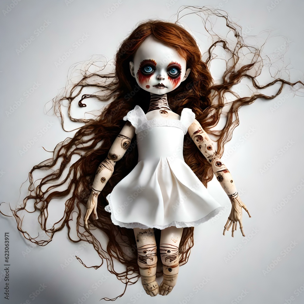 Image of a creepy horror toy doll. (AI-generated fictional illustration ...