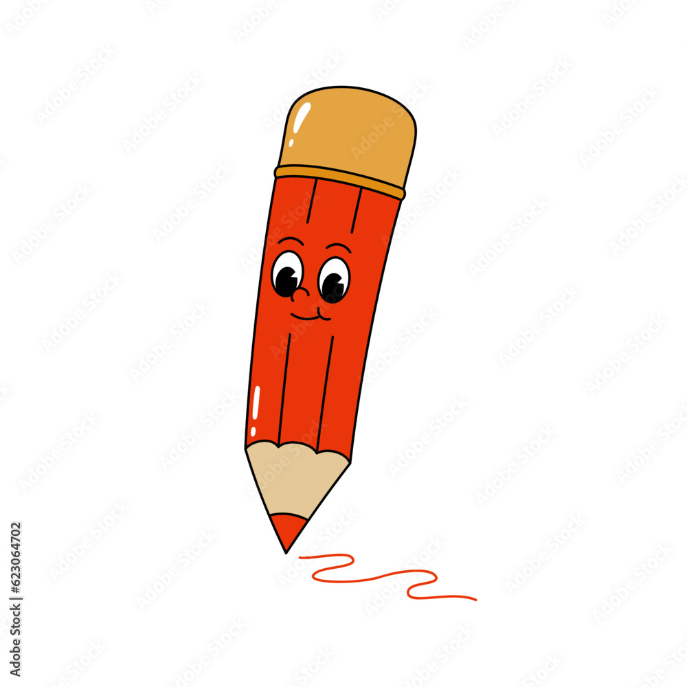Vector cartoon retro mascot color illustration of pencil. Vintage style ...