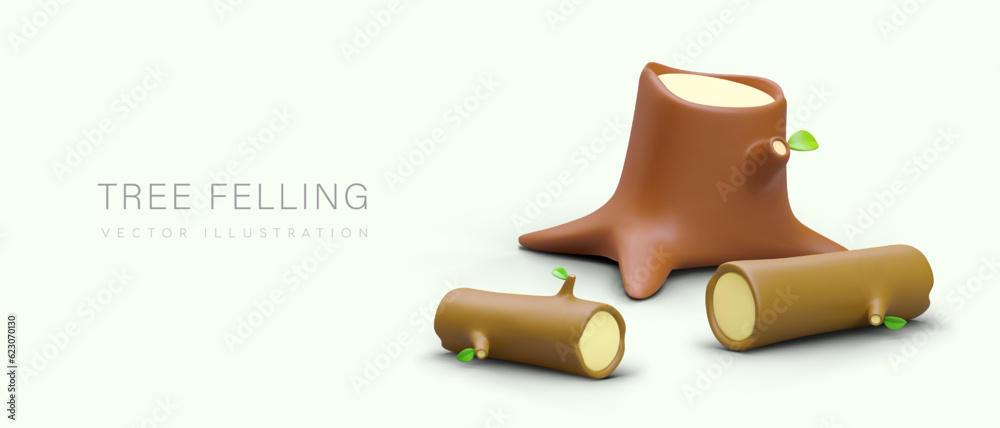 Tree felling, logging. Horizontal poster with 3D stump and logs. Vector ...