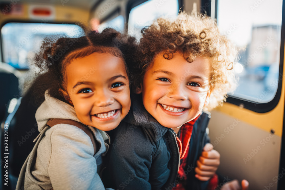 Multiethnic children on school bus. Young kids driving to school with ...