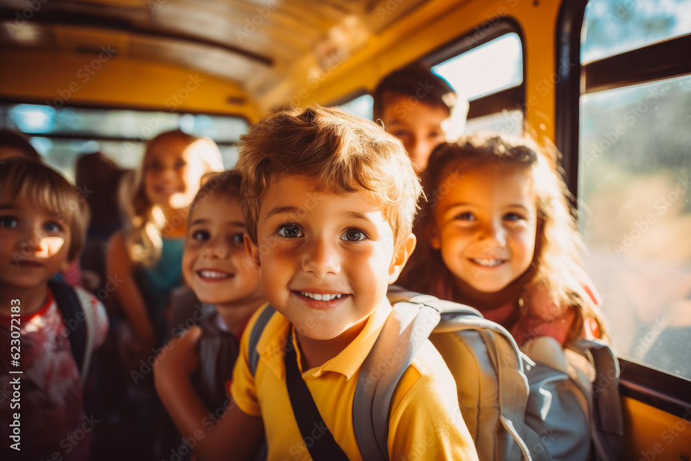 Multiethnic children on school bus. Young kids driving to school with ...