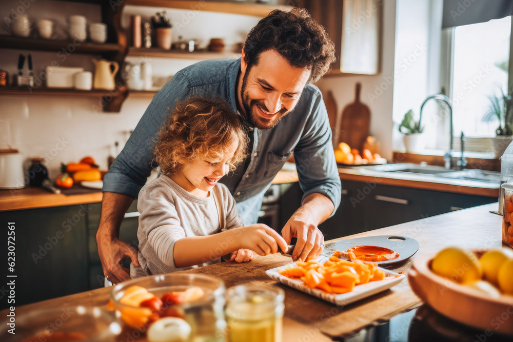 Father making breakfast for kids. Father and daughter smiling, making ...