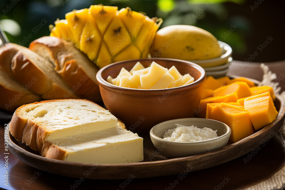 A traditional Brazilian breakfast spread, including pão francês (French ...