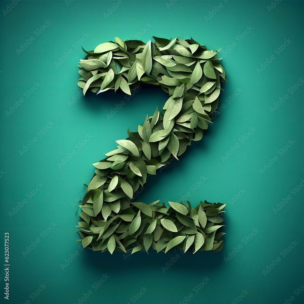 the number 2 made out of leaves, on a teal background, photorealistic ...