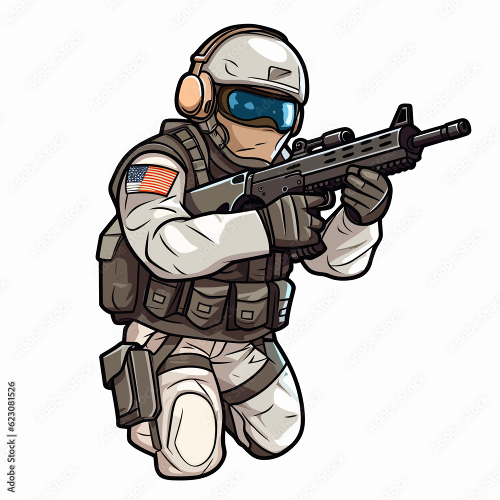 Airsoft player in armored vest, helmet, face glasses and protection ...