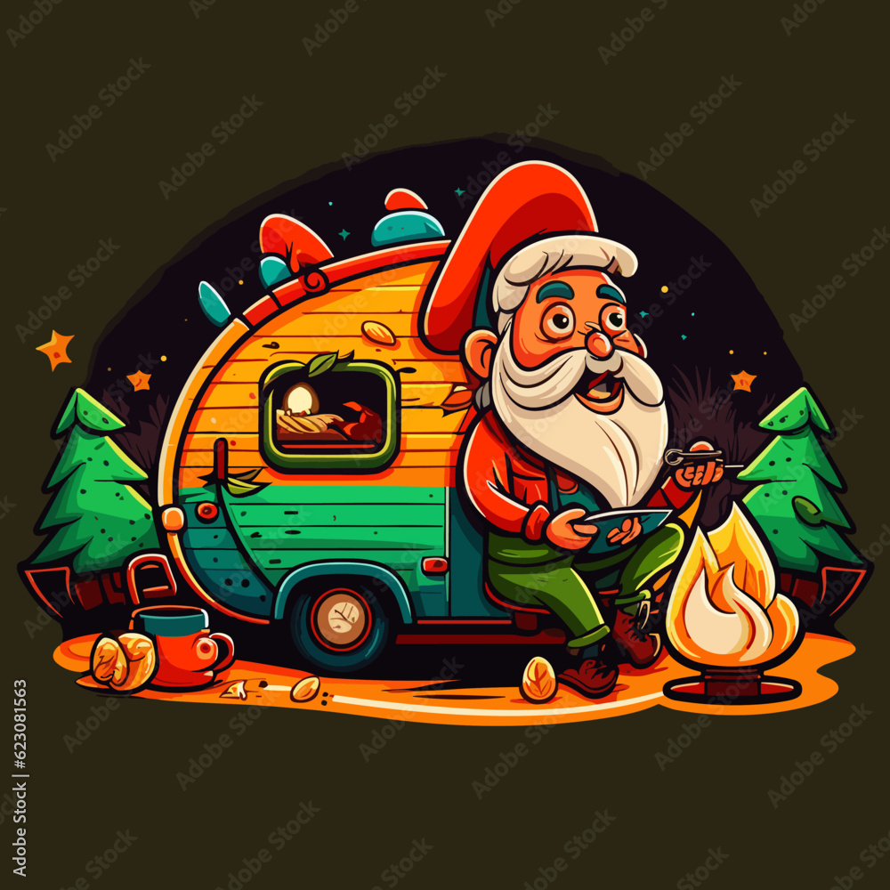 Santa Claus is camping in a caravan at a campsite. Cartoon vector ...