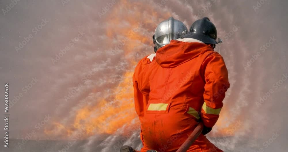Firefighter putting out flames with hose water at structure fire ...