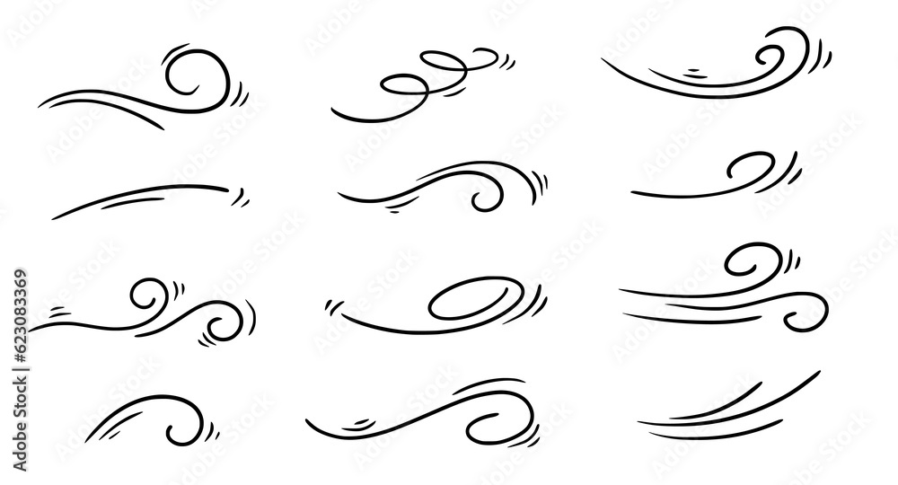 Doodle wind line sketch set. Hand drawn doodle wind motion, air blow ...