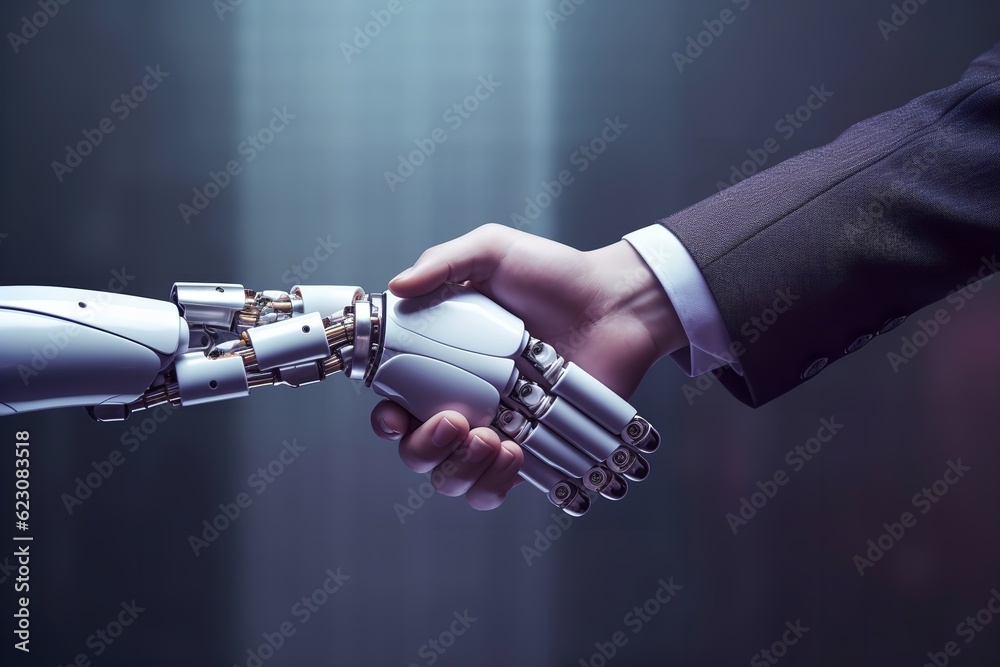handshake between an ai artificial intelligence robot and a human ...