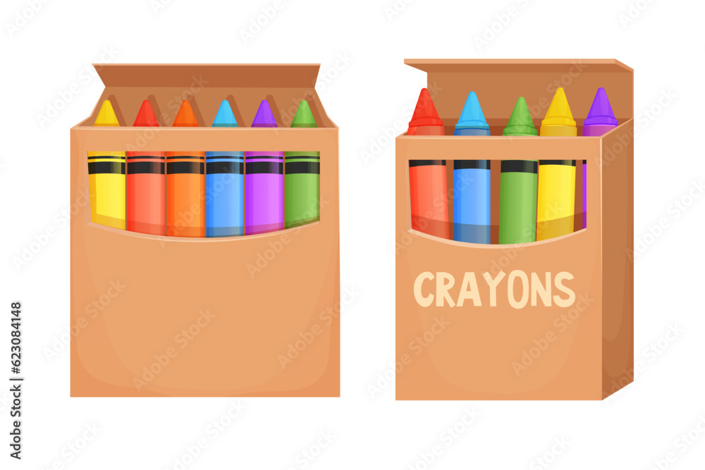 Set Wax crayons in carton box in cartoon style isolated on white ...