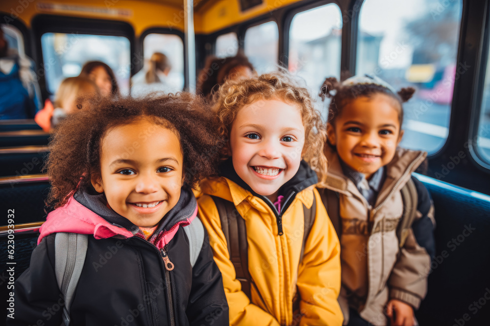 Multiethnic children on school bus. Young kids driving to school with ...