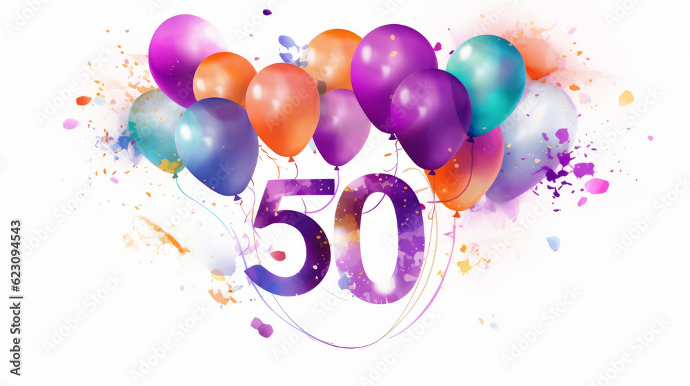 Plakat Obraz Watercolor 50th birthday clip art with 50 figures and balloons isolated on white 40x22.2 cm