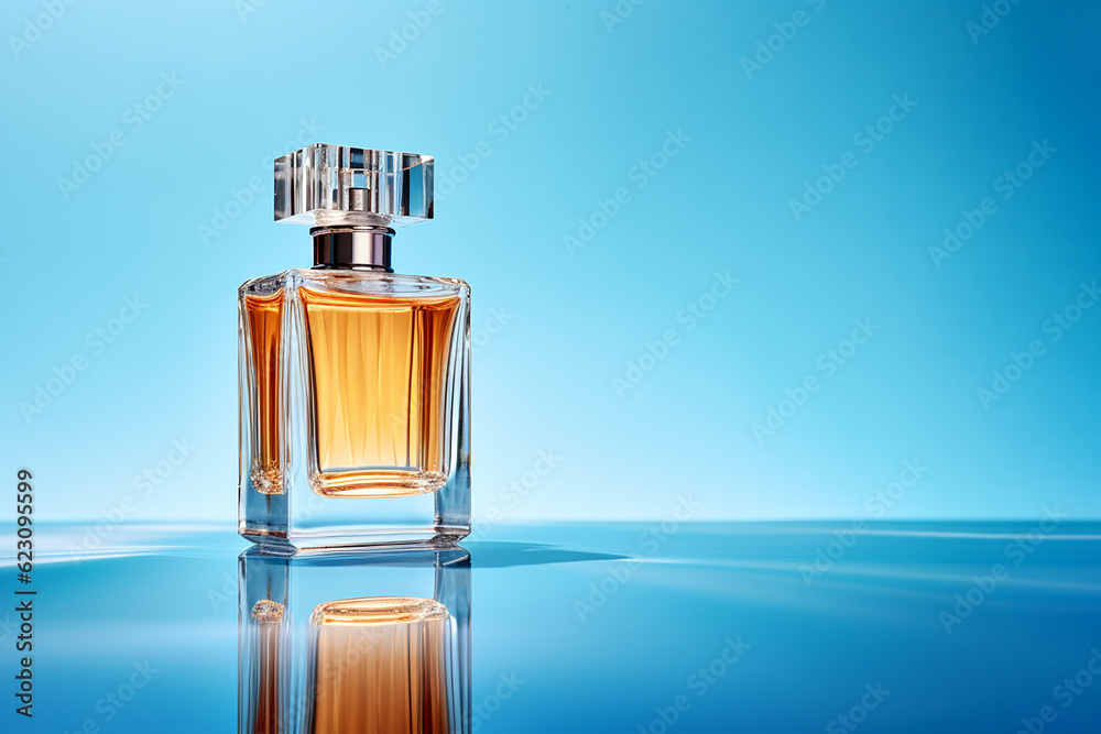 Transparent bottle of perfume on pastel background. Fragrance ...