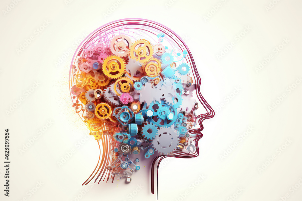 Illustration d'une tête humaine de profil avec des rouages et ...