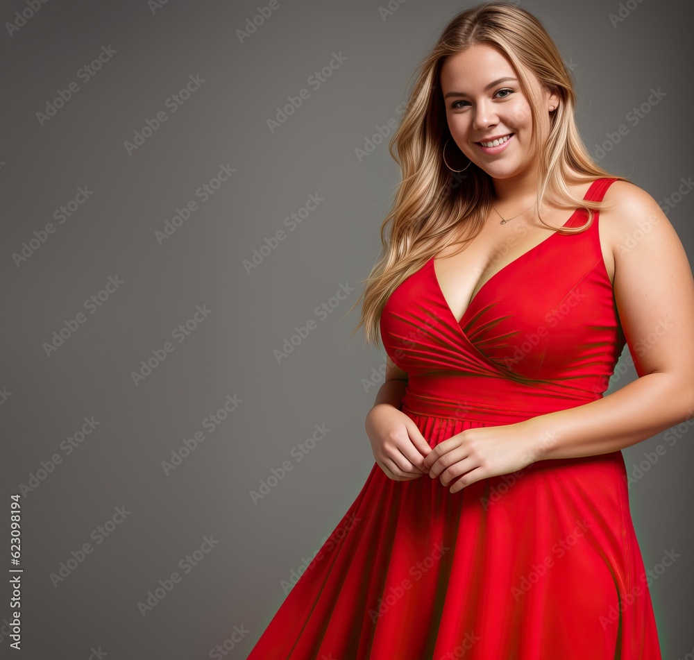 Portrait beautiful confidence woman plus size model posing in red dress ...