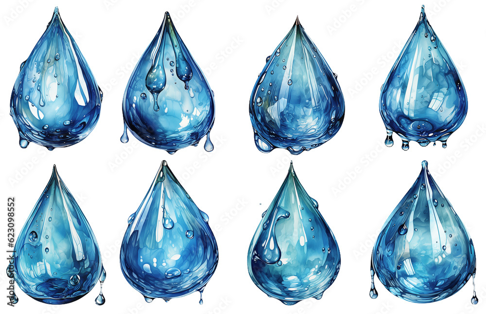 eight blue water drops in watercolor, on a transparent background ...