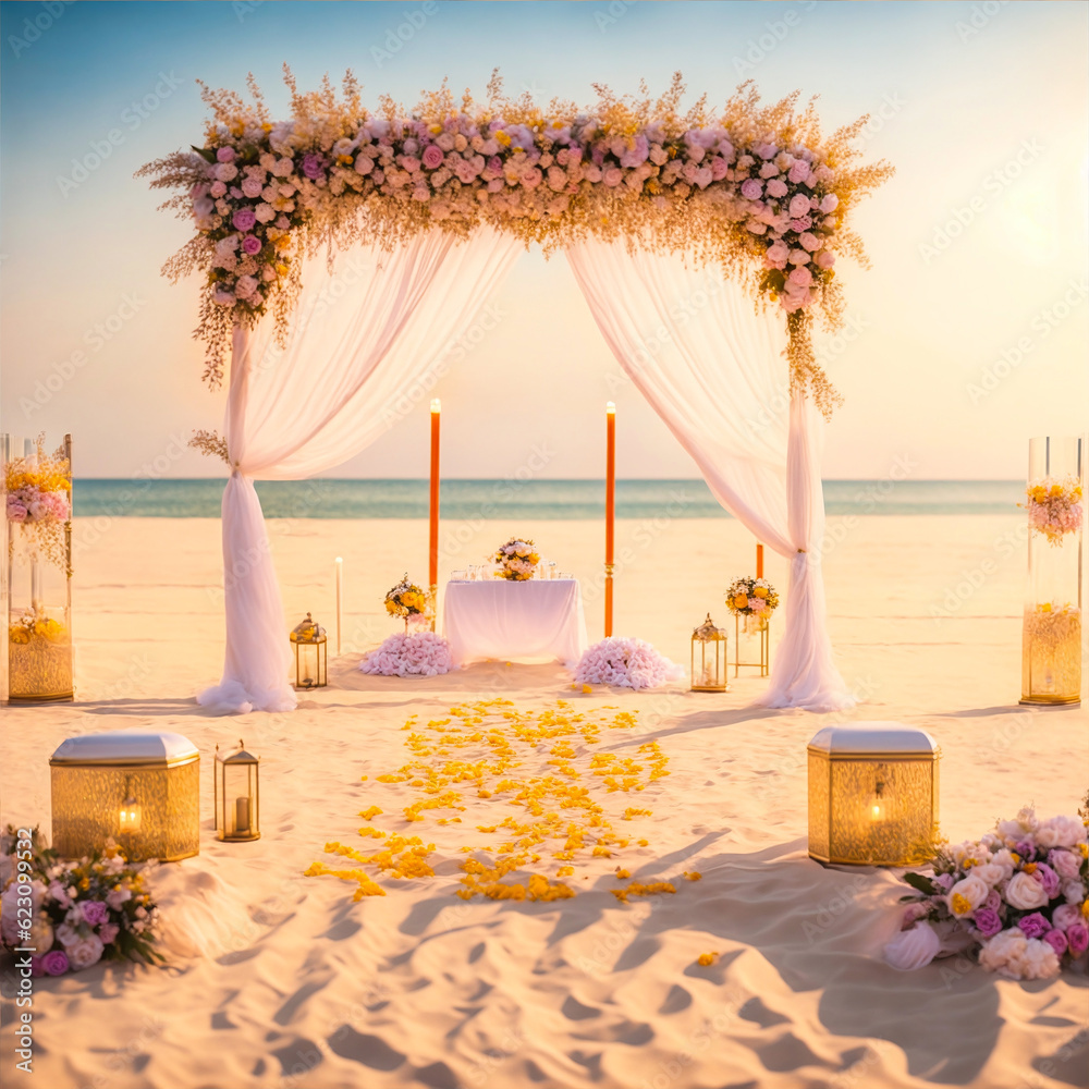 In an insanely detailed modern destination wedding setup on a ...