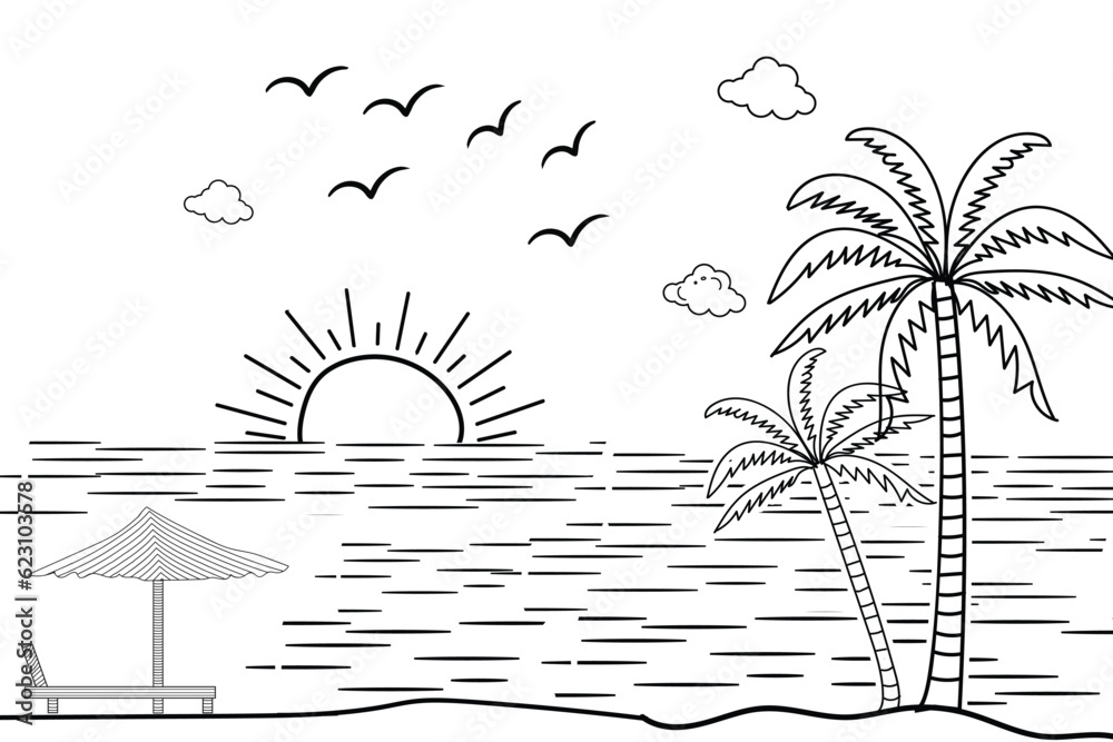 Summer sunset tropical beach line art vector illustration, hand drawn ...