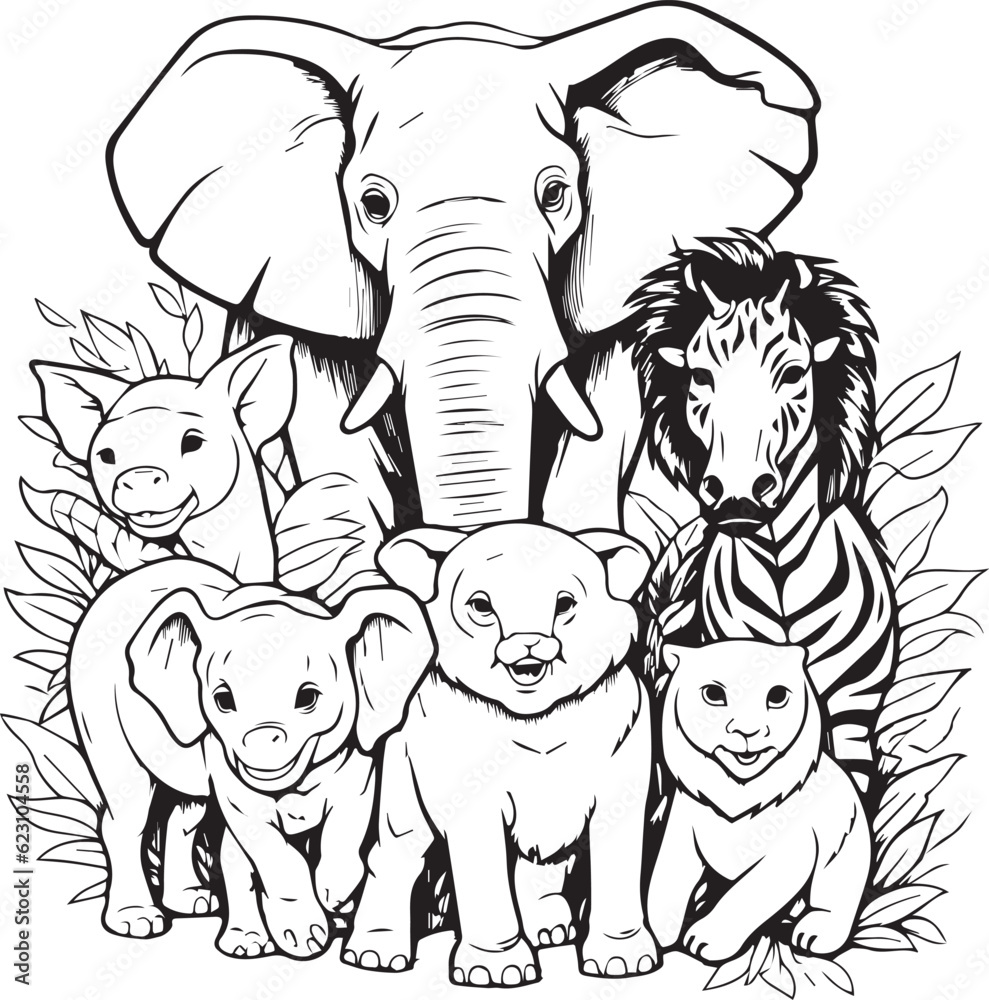 animal group cartoon outline illustration. Coloring book for children ...