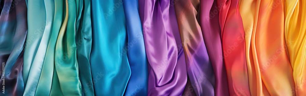 Collection of bright colorful silk different textile samples ...