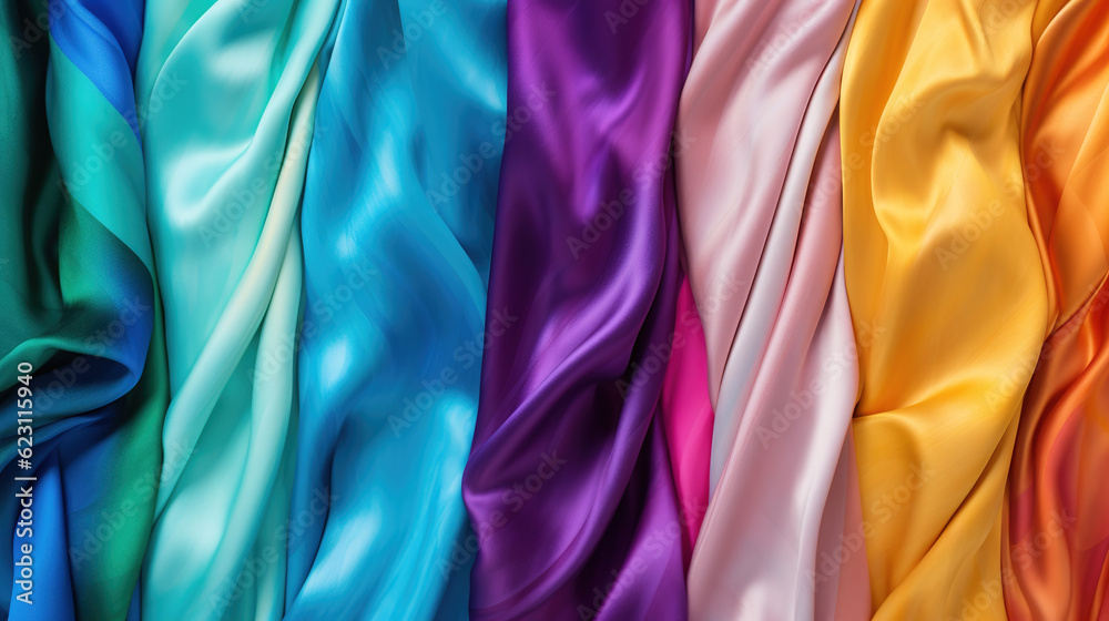 Collection of bright colorful silk different textile samples ...