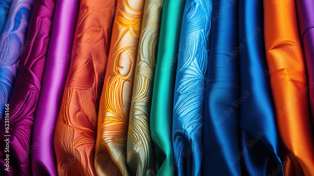 Collection of bright colorful silk different textile samples ...