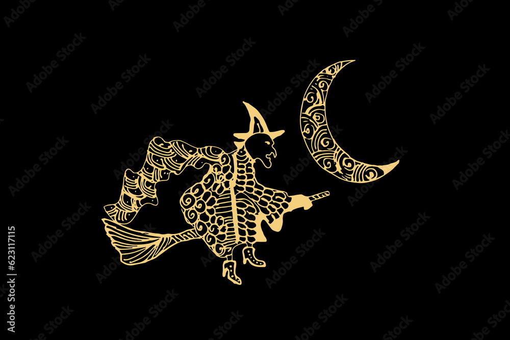 Zentangle art for Witch flying to the Moon with gold color isolated on ...