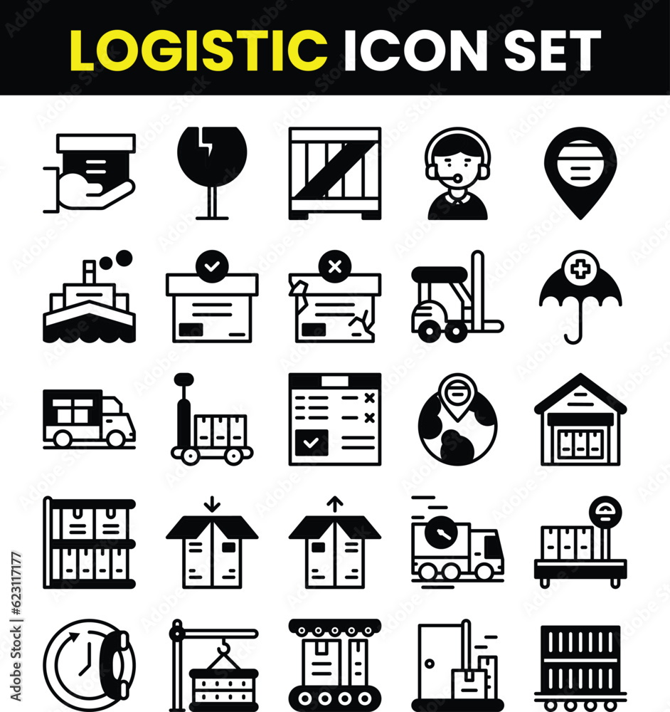 Logistics icon set. Containing distribution, shipping, transportation, delivery, cargo, freight ...
