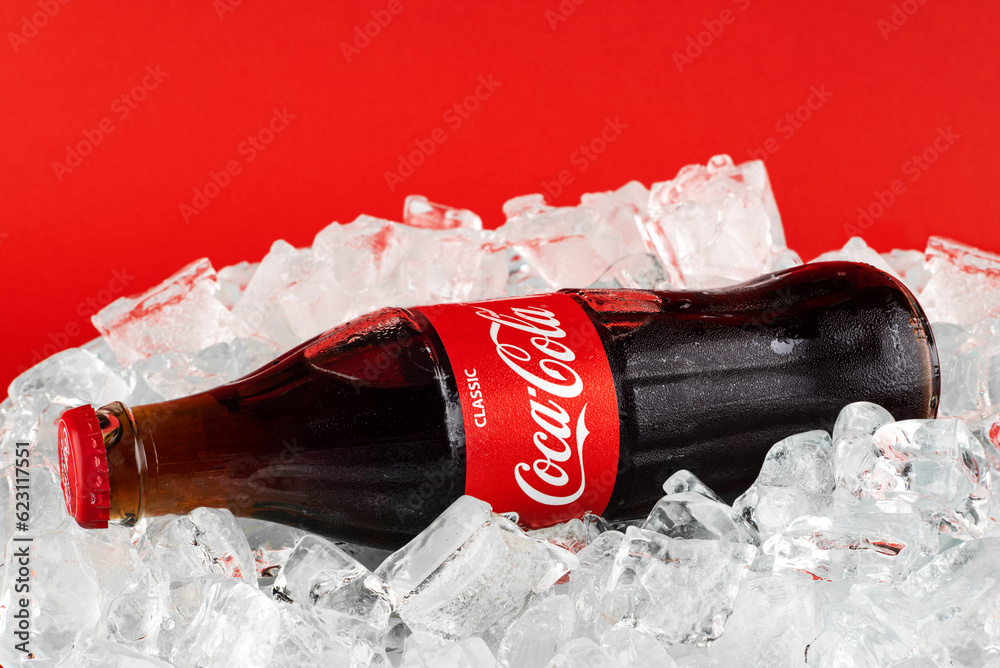 Batumi, Georgia - July 10, 2023: Glass bottle of Coca Cola on ice. Coca ...