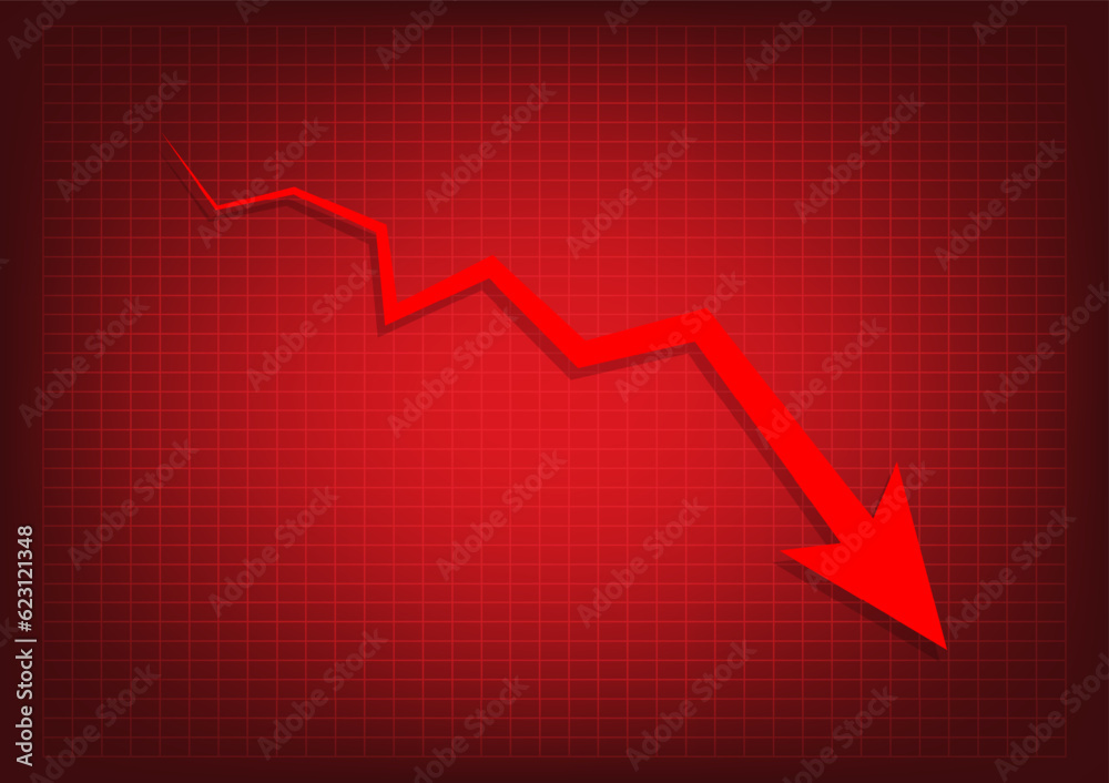Red arrow graph drop arrow down with on red background. Money losing ...