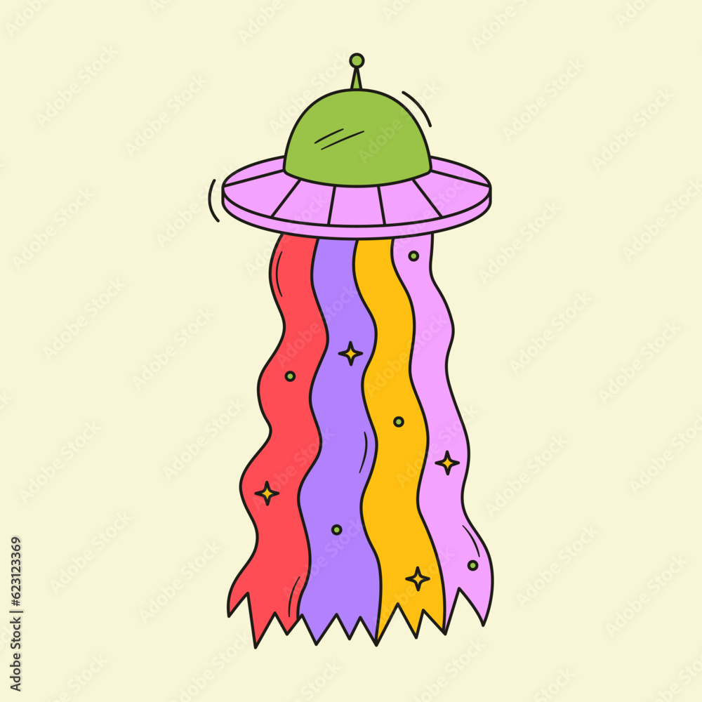 Psychedelic vector drawing of trippy alien ufo. Groovy unidentified ...