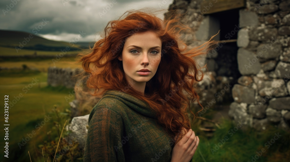 An enchanting Irish woman with fiery red hair, exuding elegance and ...