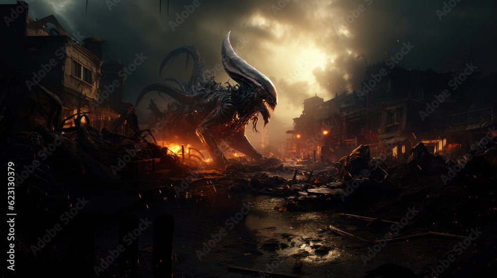 Xenomorph alien attack on a planet, a city destroyed by a monster. Huge ...