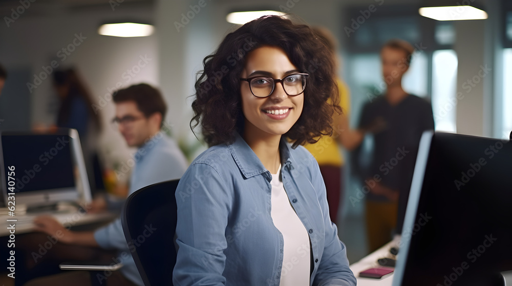 Young female developer sitting at desk in a open plan office, coding ...