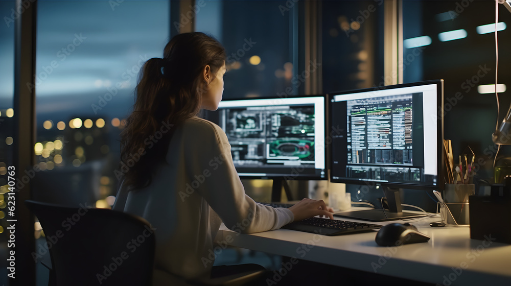 Female developer working in office, young woman coding, sitting at desk, code on screen, back ...