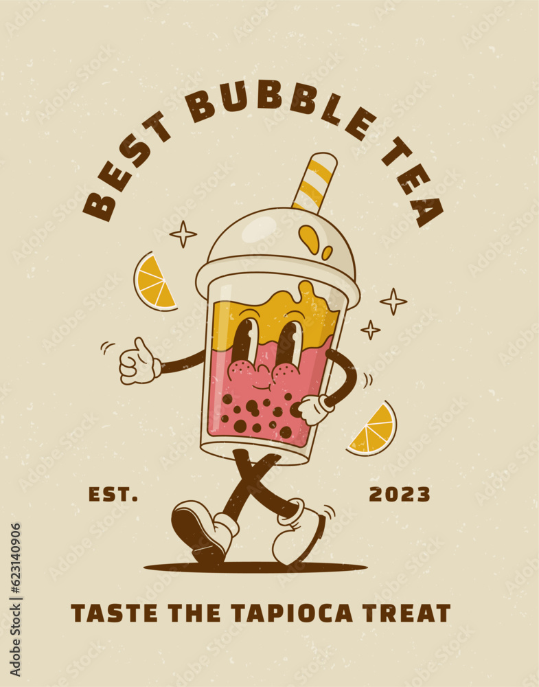 Cartoon bubble tea character in retro groove style. Vector illustration ...