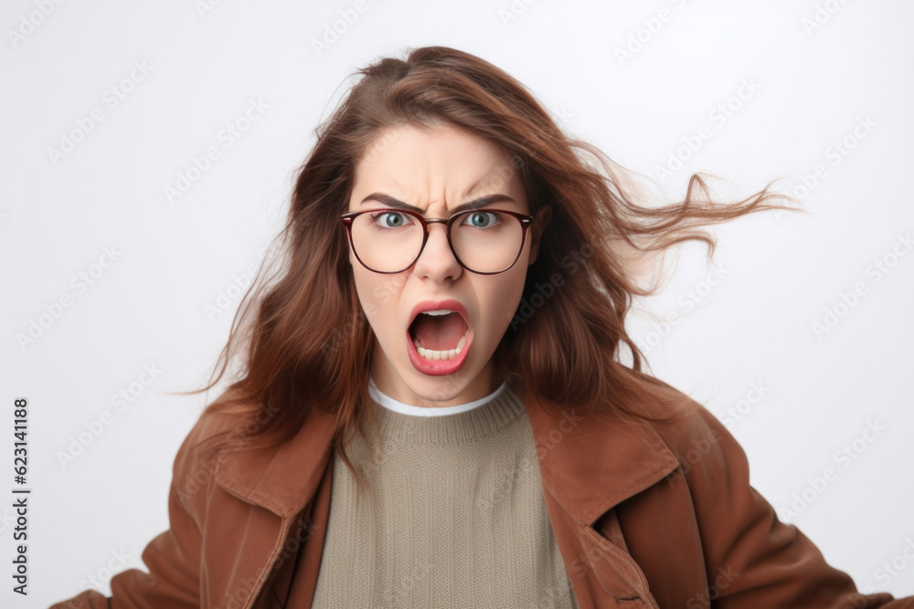 Nervous furious young girl student in spectacles screaming at camera ...
