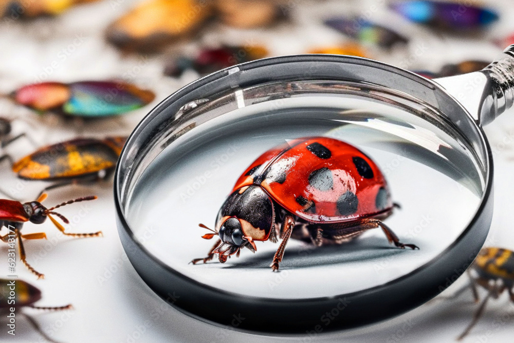 Closeup, magnifying glass and red ladybug on white studio background ...