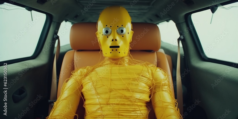 Scared crash test dummy inside car, concept of Safety engineering ...