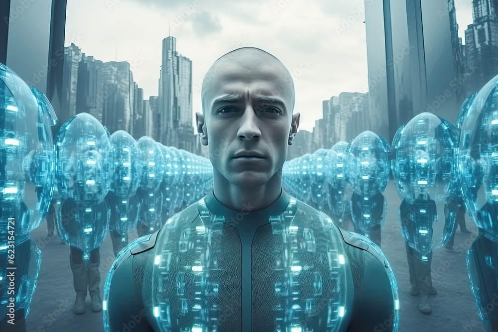 Army of cloned people with male faces. War and cloned soldiers ...