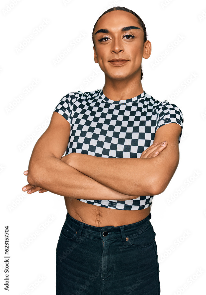 Hispanic transgender man wearing make up and long hair wearing modern ...
