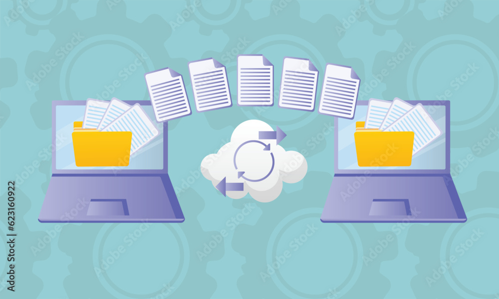 File Transfer. Remote loading Files and Folders. Two laptop computer exchanging data. Exchange ...