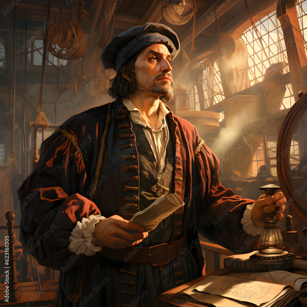Portrait of Christopher Columbus on a ship, navigator and explorer ...