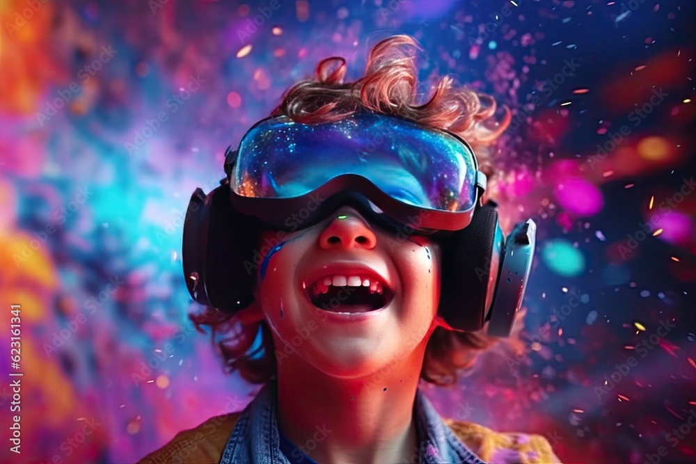 Excited child or kid wearing VR headset with a big smile on face ...