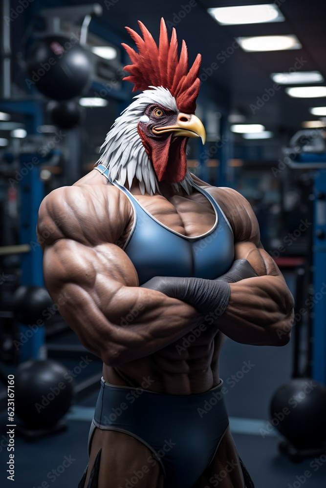 fit Rooster standing at the gym, Muscular Rooster flexing its feathers ...