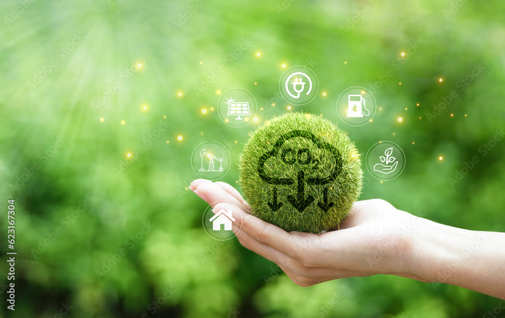 CO2 emission reduction concept with environmental icons, global warming ...