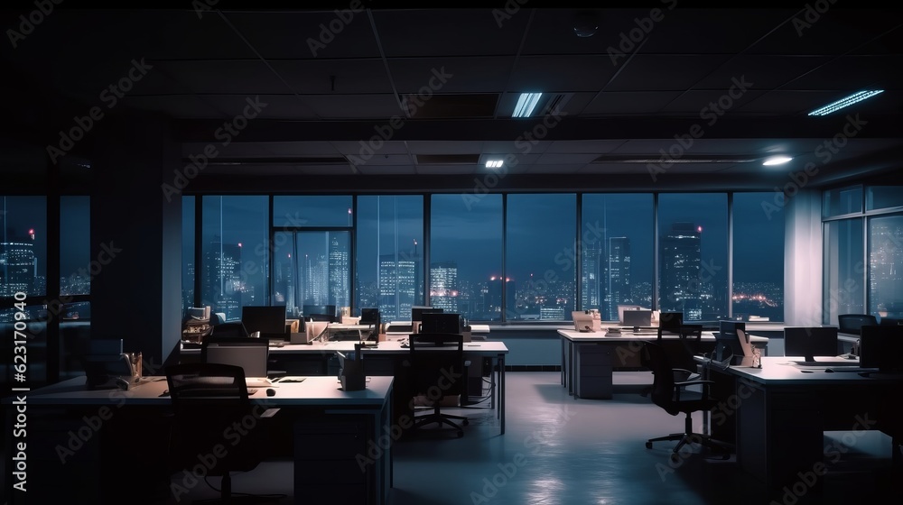 night time office space with row of working office table and work ...