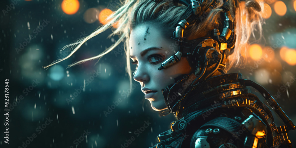 crazy female cyborg portrait, dystopian fashion woman, fictional person ...